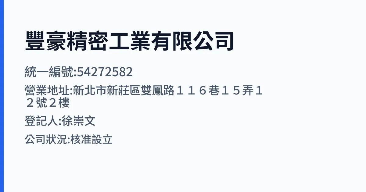 豐豪精密工業有限公司 - 統編 54272582(新北市) 公司登記資料與營業項目詳細圖表