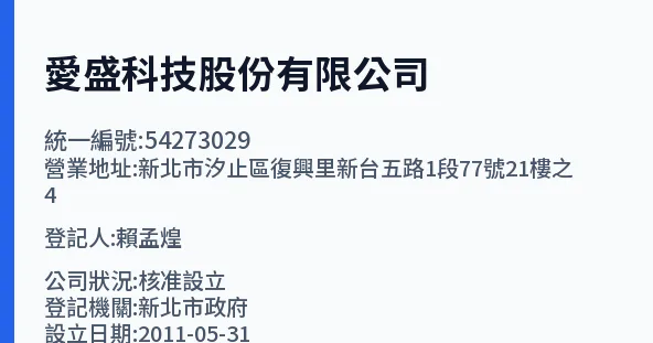 愛盛科技股份有限公司的照片-統編 54273029(新北市) 公司登記資料與營業項目詳細圖表