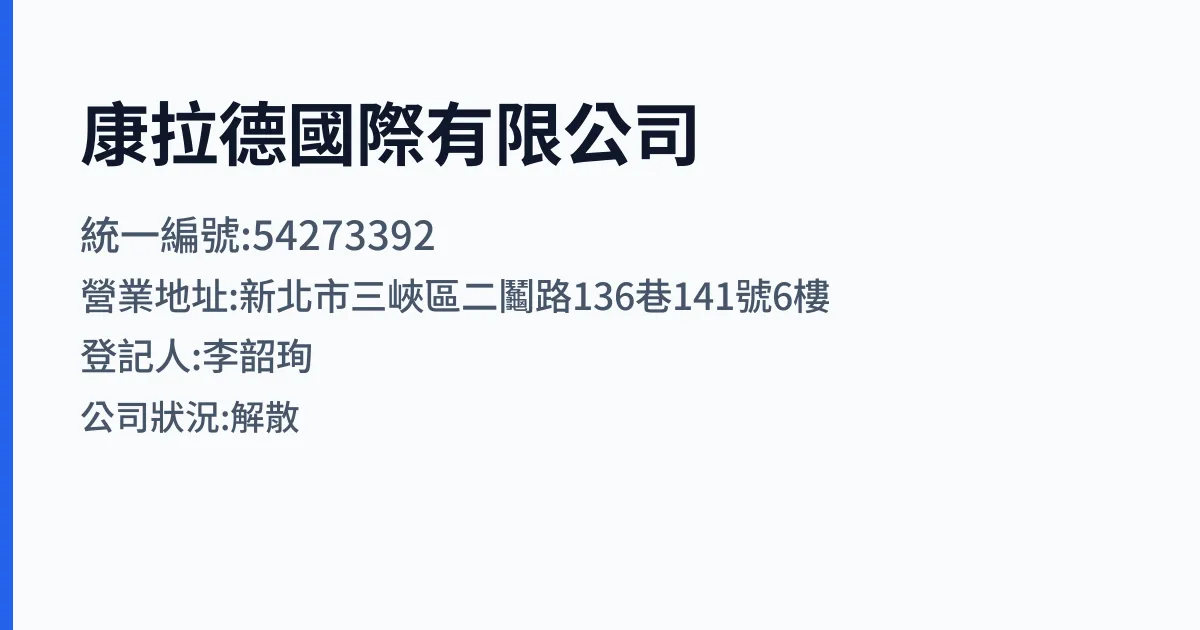 康拉德國際有限公司 - 統編 54273392(新北市) 公司登記資料與營業項目詳細圖表