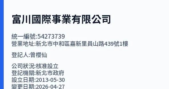 富川國際事業有限公司的照片-統編 54273739(新北市) 公司登記資料與營業項目詳細圖表