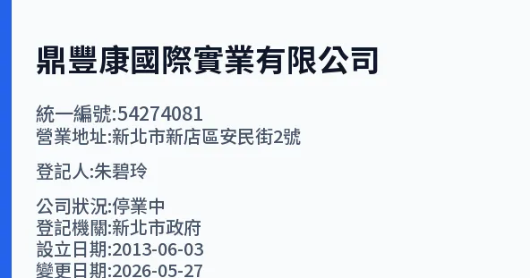 鼎豐康國際實業有限公司的照片-統編 54274081(新北市) 公司登記資料與營業項目詳細圖表