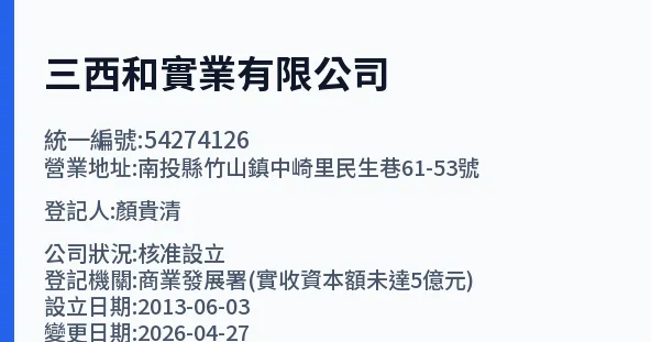 三西和實業有限公司的照片-統編 54274126(南投縣) 公司登記資料與營業項目詳細圖表