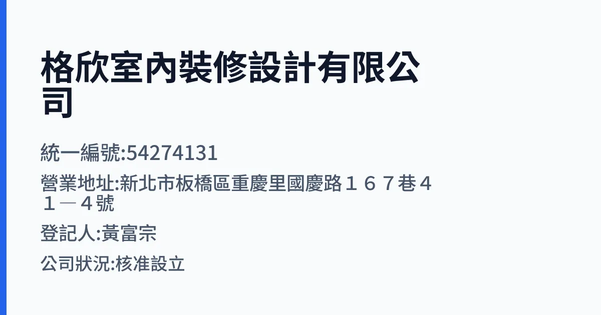 格欣室內裝修設計有限公司 - 統編 54274131(新北市) 公司登記資料與營業項目詳細圖表
