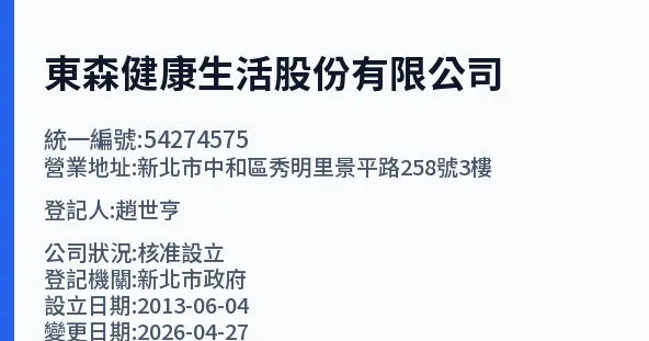 東森健康生活股份有限公司的照片-統編 54274575(新北市) 公司登記資料與營業項目詳細圖表