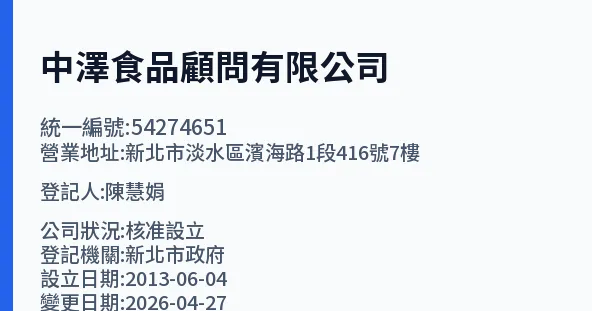 中澤食品顧問有限公司的照片-統編 54274651(新北市) 公司登記資料與營業項目詳細圖表