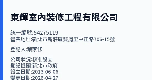 東輝室內裝修工程有限公司的照片-統編 54275119(新北市) 公司登記資料與營業項目詳細圖表