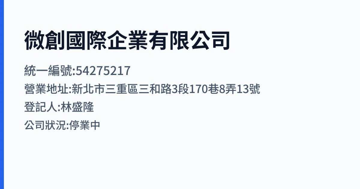 微創國際企業有限公司 - 統編 54275217(新北市) 公司登記資料與營業項目詳細圖表