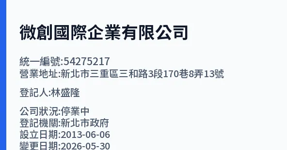 微創國際企業有限公司的照片-統編 54275217(新北市) 公司登記資料與營業項目詳細圖表