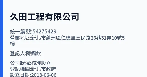 久田工程有限公司的照片-統編 54275429(新北市) 公司登記資料與營業項目詳細圖表