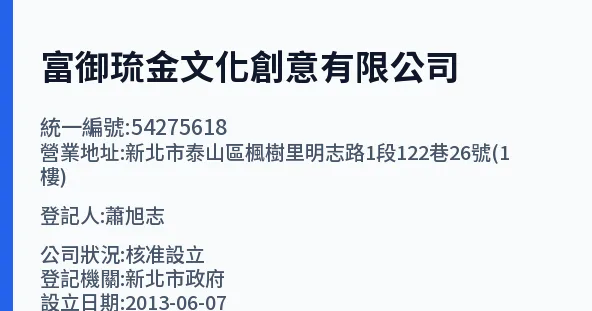 富御琉金文化創意有限公司的照片-統編 54275618(新北市) 公司登記資料與營業項目詳細圖表