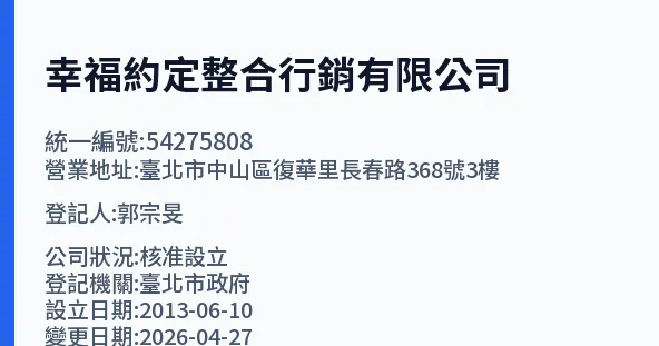 幸福約定整合行銷有限公司的照片-統編 54275808(臺北市) 公司登記資料與營業項目詳細圖表