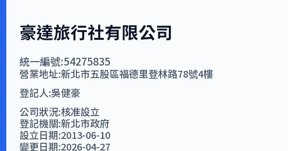 豪達旅行社有限公司的照片-統編 54275835(新北市) 公司登記資料與營業項目詳細圖表
