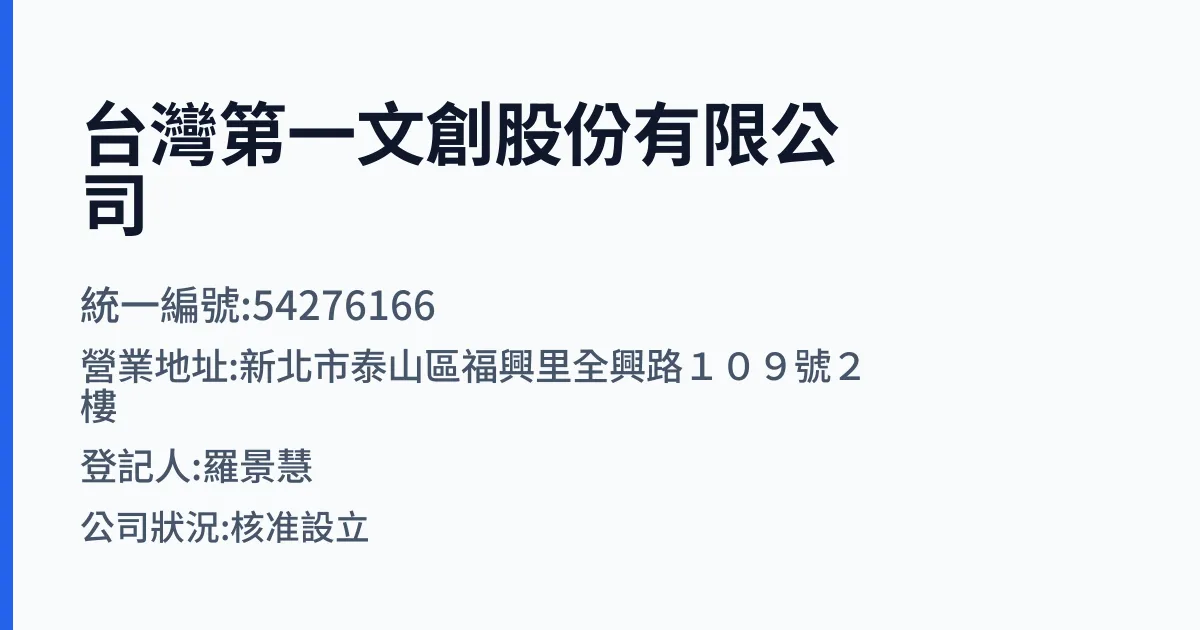 台灣第一文創股份有限公司 - 統編 54276166(新北市) 公司登記資料與營業項目詳細圖表
