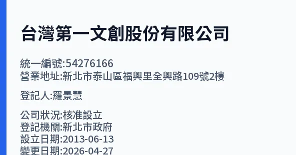 台灣第一文創股份有限公司的照片-統編 54276166(新北市) 公司登記資料與營業項目詳細圖表
