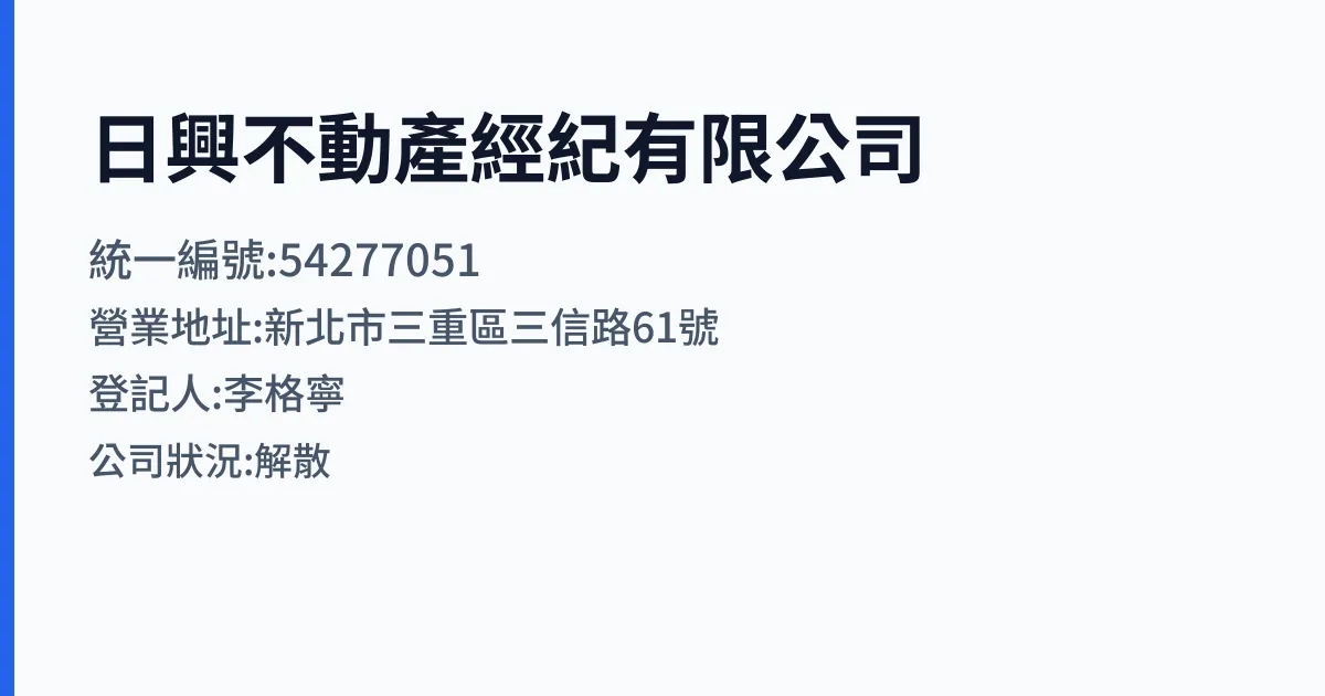 日興不動產經紀有限公司 - 統編 54277051(新北市) 公司登記資料與營業項目詳細圖表