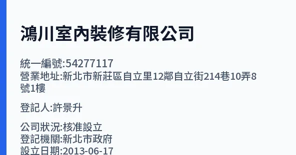 鴻川室內裝修有限公司的照片-統編 54277117(新北市) 公司登記資料與營業項目詳細圖表