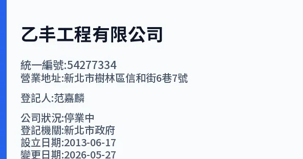 乙丰工程有限公司的照片-統編 54277334(新北市) 公司登記資料與營業項目詳細圖表