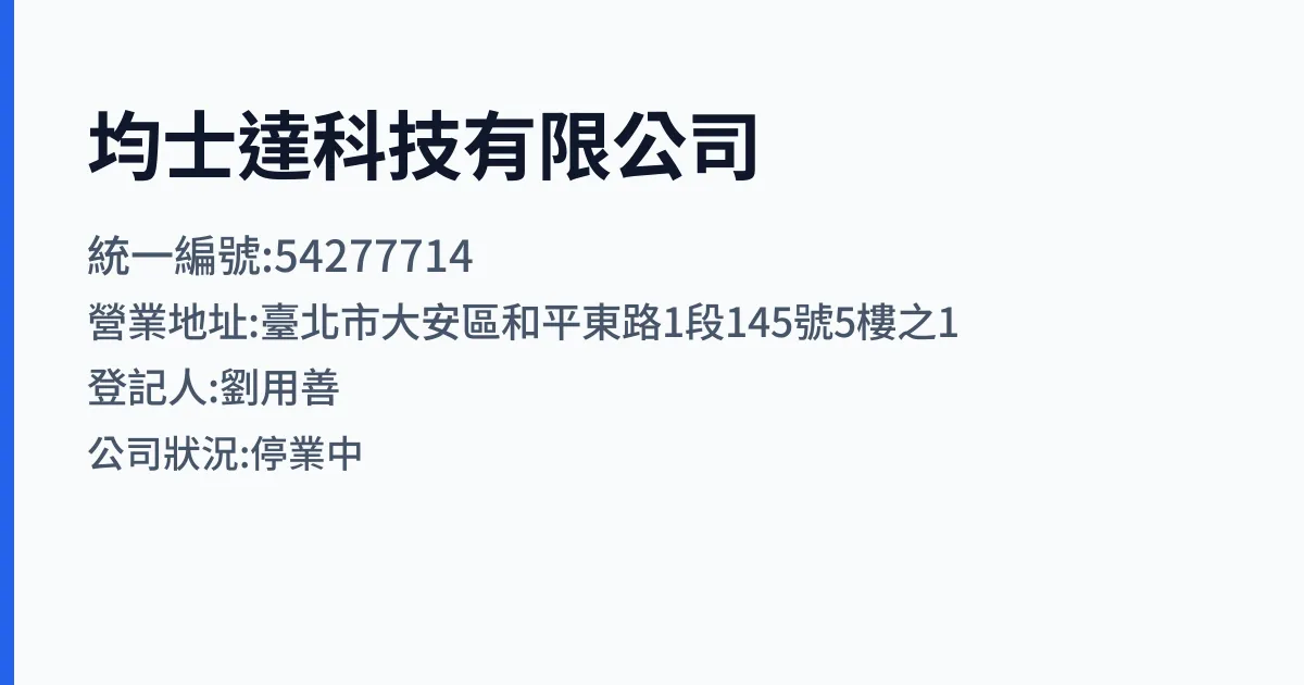 均士達科技有限公司 - 統編 54277714(臺北市) 公司登記資料與營業項目詳細圖表