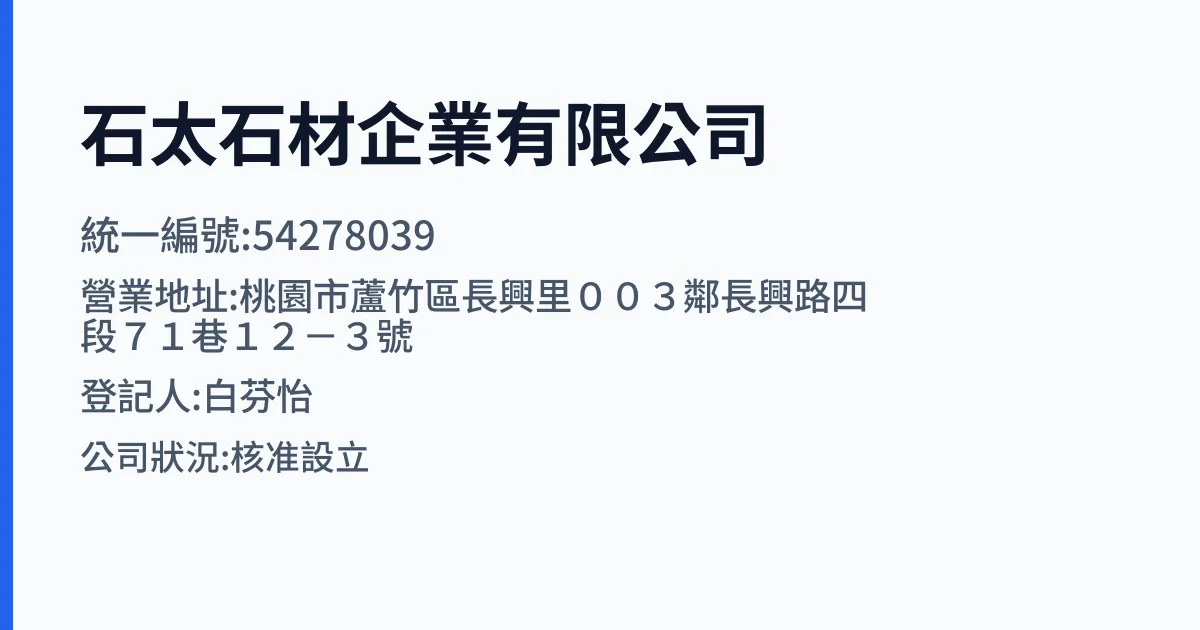 石太石材企業有限公司 - 統編 54278039(桃園市) 公司登記資料與營業項目詳細圖表
