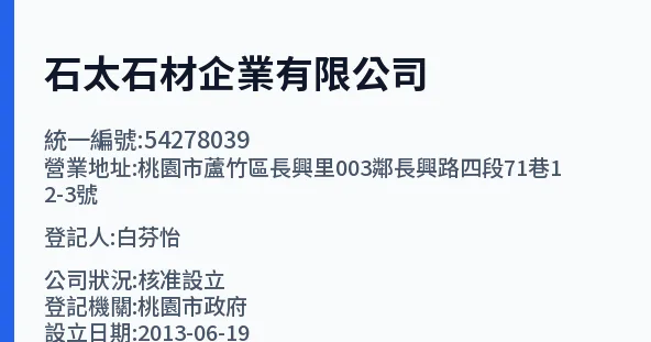 石太石材企業有限公司的照片-統編 54278039(桃園市) 公司登記資料與營業項目詳細圖表