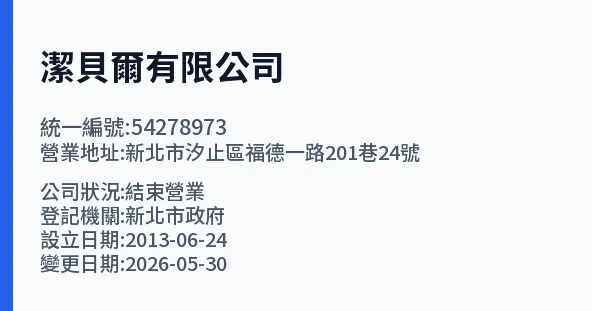 潔貝爾有限公司的照片-統編 54278973(新北市) 公司登記資料與營業項目詳細圖表