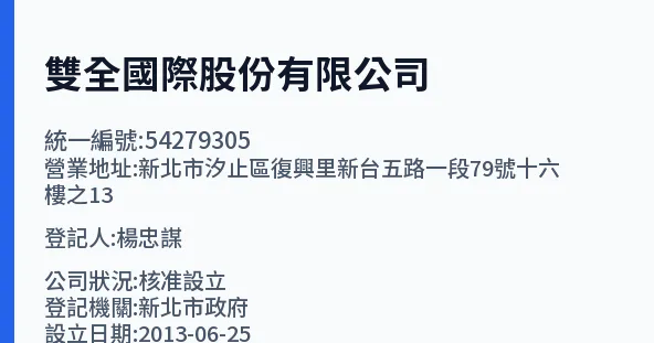 雙全國際股份有限公司的照片-統編 54279305(新北市) 公司登記資料與營業項目詳細圖表