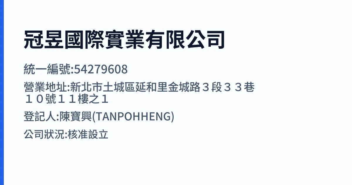冠昱國際實業有限公司 - 統編 54279608(新北市) 公司登記資料與營業項目詳細圖表