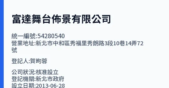 富達舞台佈景有限公司的照片-統編 54280540(新北市) 公司登記資料與營業項目詳細圖表