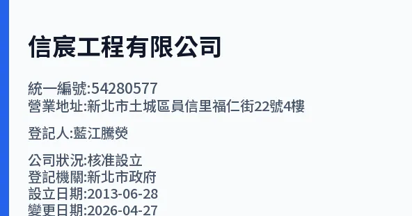 信宸工程有限公司的照片-統編 54280577(新北市) 公司登記資料與營業項目詳細圖表