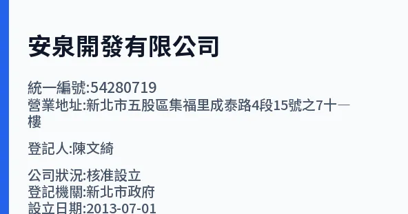 安泉開發有限公司的照片-統編 54280719(新北市) 公司登記資料與營業項目詳細圖表
