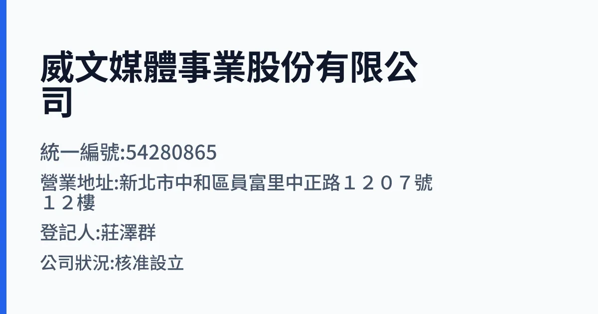 威文媒體事業股份有限公司 - 統編 54280865(新北市) 公司登記資料與營業項目詳細圖表