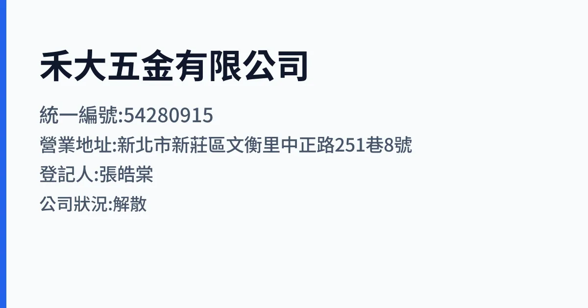 禾大五金有限公司 - 統編 54280915(新北市) 公司登記資料與營業項目詳細圖表
