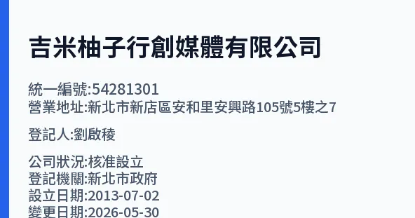 吉米柚子行創媒體有限公司的照片-統編 54281301(新北市) 公司登記資料與營業項目詳細圖表