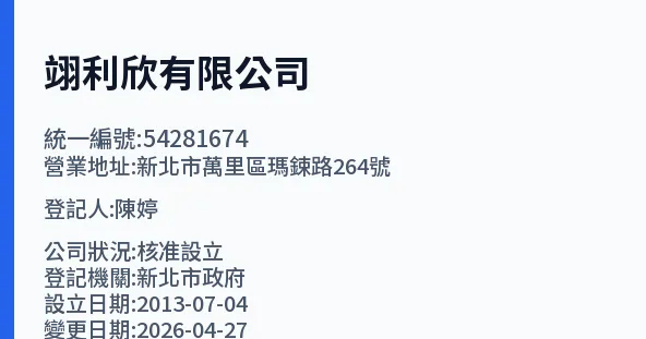 翊利欣有限公司的照片-統編 54281674(新北市) 公司登記資料與營業項目詳細圖表