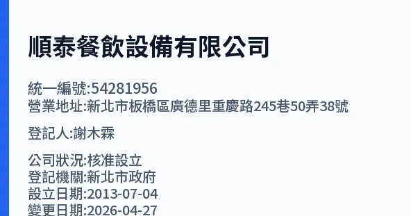 順泰餐飲設備有限公司的照片-統編 54281956(新北市) 公司登記資料與營業項目詳細圖表