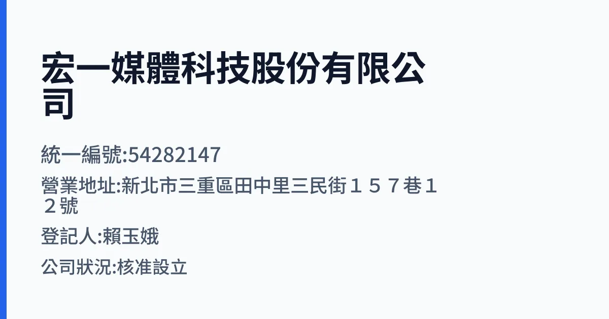 宏一媒體科技股份有限公司 - 統編 54282147(新北市) 公司登記資料與營業項目詳細圖表