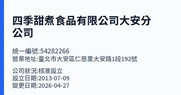 四季甜煮食品有限公司大安分公司的照片-統編 54282266(臺北市) 公司登記資料與營業項目詳細圖表