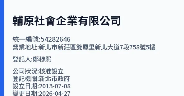 輔原社會企業有限公司的照片-統編 54282646(新北市) 公司登記資料與營業項目詳細圖表