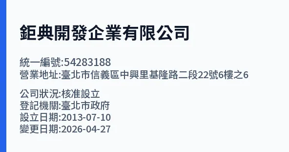 鉅典開發企業有限公司的照片-統編 54283188(臺北市) 公司登記資料與營業項目詳細圖表