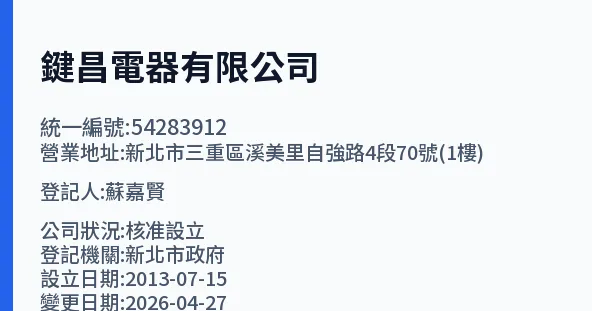 鍵昌電器有限公司的照片-統編 54283912(新北市) 公司登記資料與營業項目詳細圖表