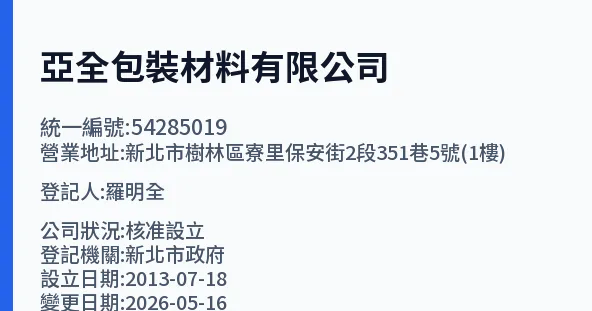 亞全包裝材料有限公司的照片-統編 54285019(新北市) 公司登記資料與營業項目詳細圖表
