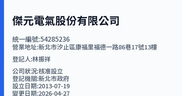 傑元電氣股份有限公司的照片-統編 54285236(新北市) 公司登記資料與營業項目詳細圖表