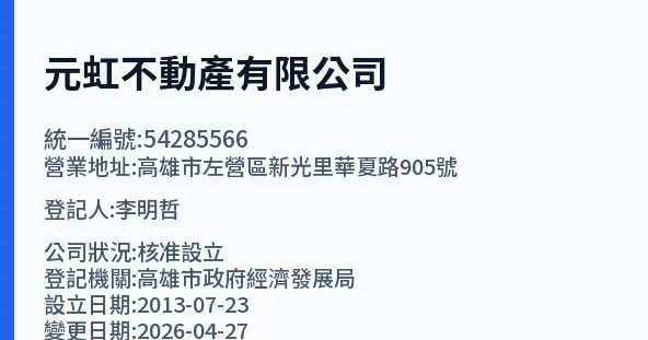 元虹不動產有限公司的照片-統編 54285566(高雄市) 公司登記資料與營業項目詳細圖表