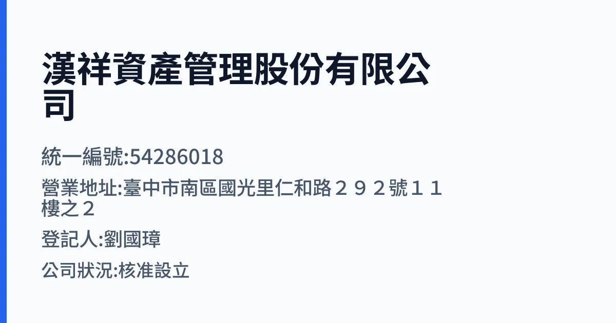 漢祥資產管理股份有限公司 - 統編 54286018(臺中市) 公司登記資料與營業項目詳細圖表