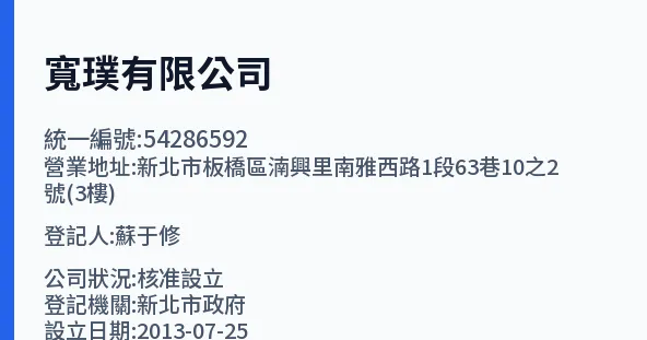寬璞有限公司的照片-統編 54286592(新北市) 公司登記資料與營業項目詳細圖表