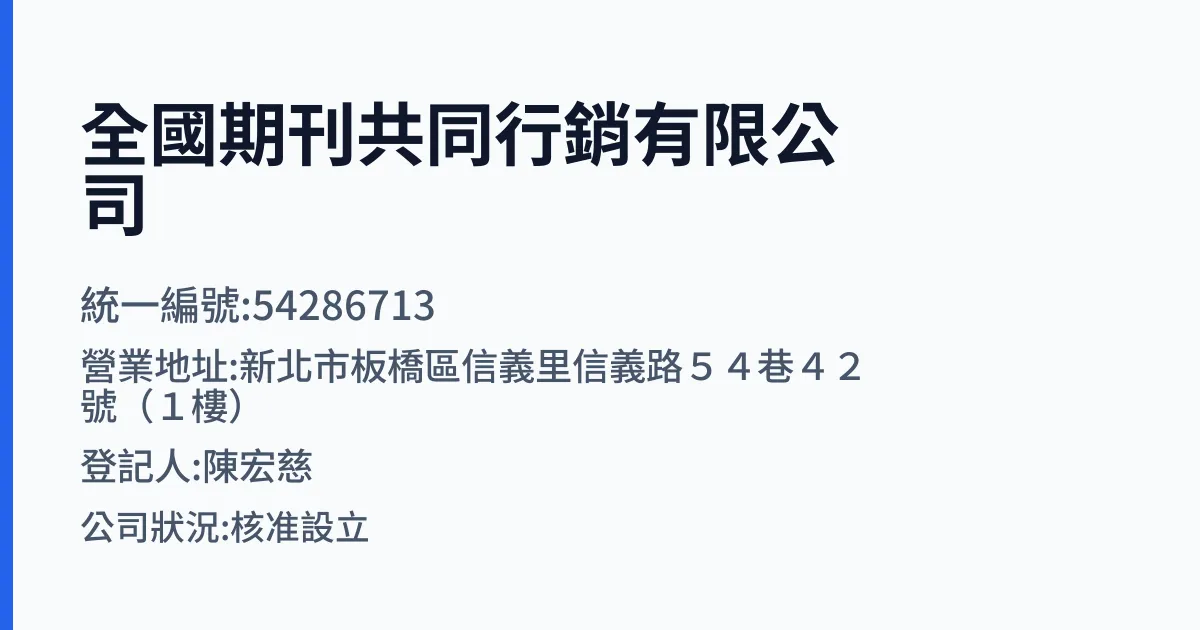 全國期刊共同行銷有限公司 - 統編 54286713(新北市) 公司登記資料與營業項目詳細圖表