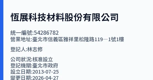 恆展科技材料股份有限公司的照片-統編 54286782(臺北市) 公司登記資料與營業項目詳細圖表