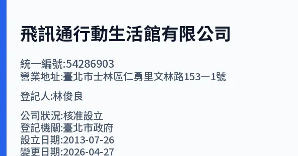 飛訊通行動生活館有限公司的照片-統編 54286903(臺北市) 公司登記資料與營業項目詳細圖表