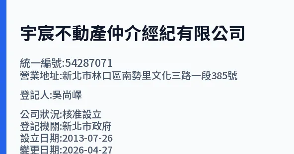 宇宸不動產仲介經紀有限公司的照片-統編 54287071(新北市) 公司登記資料與營業項目詳細圖表