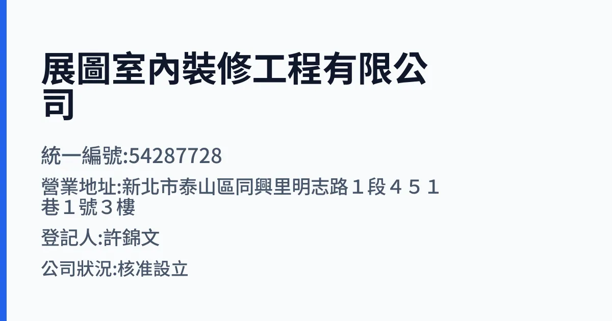 展圖室內裝修工程有限公司 - 統編 54287728(新北市) 公司登記資料與營業項目詳細圖表